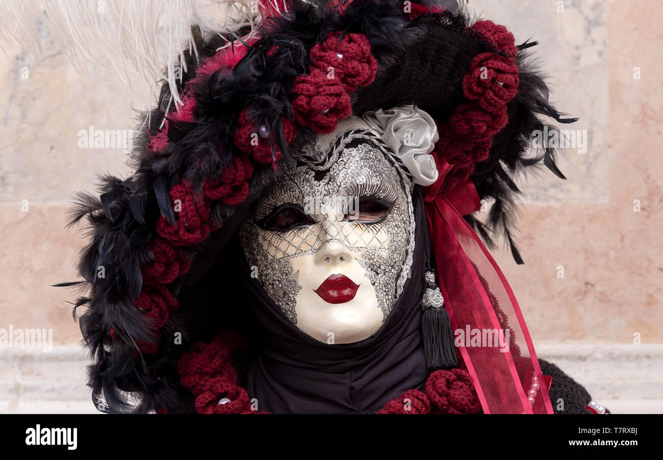 Reveller In Traditional Elaborate Mask And Costume At Venice Carnival ...