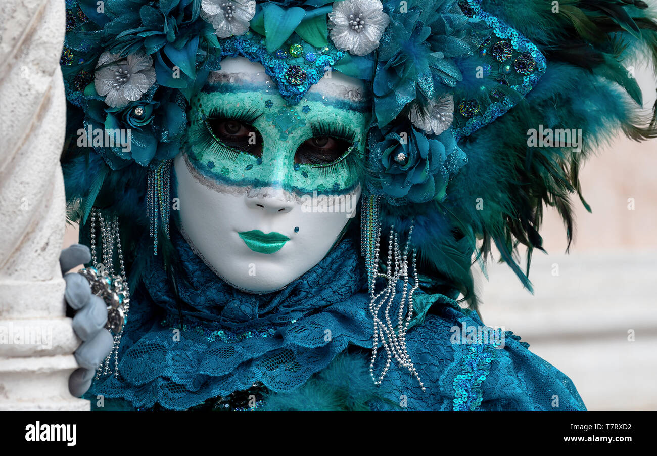 Reveller In Traditional Elaborate Mask And Costume At Venice Carnival (Carnevale di Venezia ...