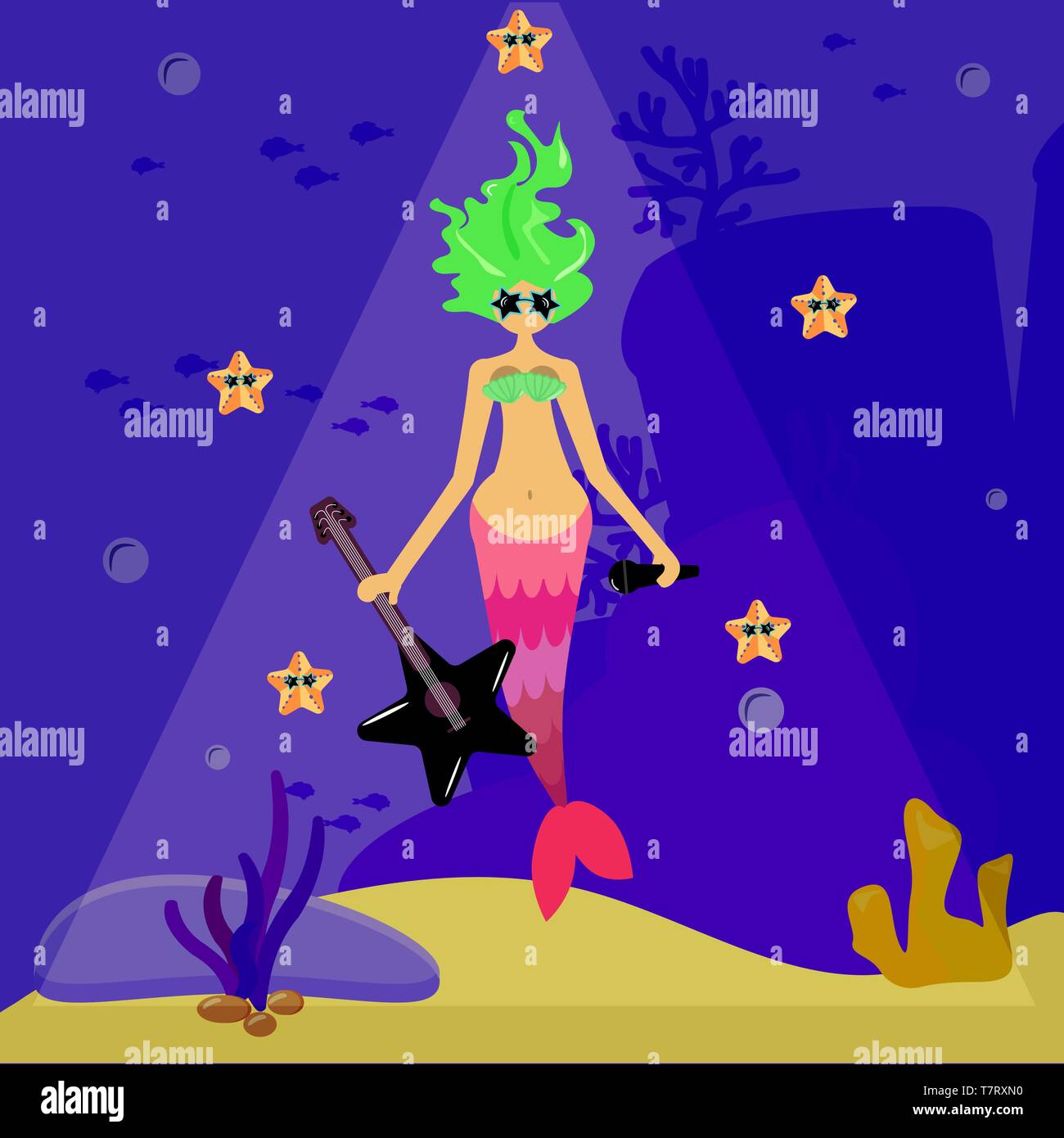 Mermaid rock star. A girl with a green-haired siren in sunglasses is ...
