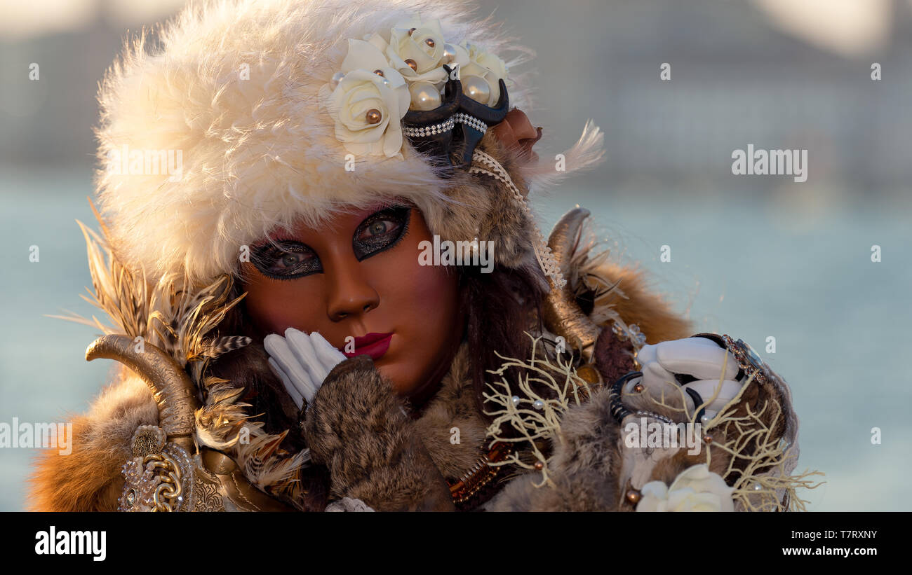 Reveller In Traditional Elaborate Mask And Costume At Venice Carnival ...