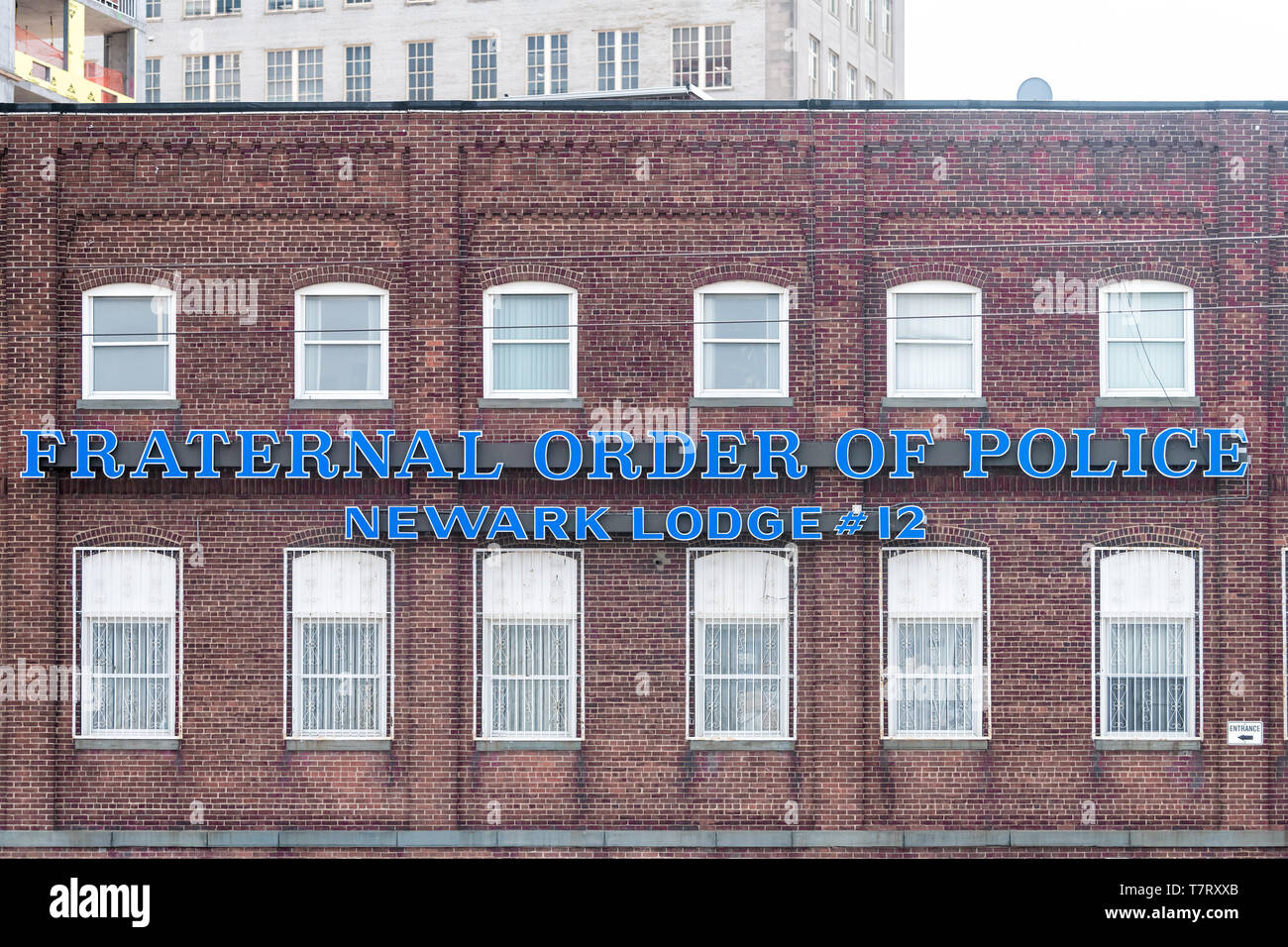 Newark, USA - April 6, 2018: Downtown city sign for Fraternal order of ...