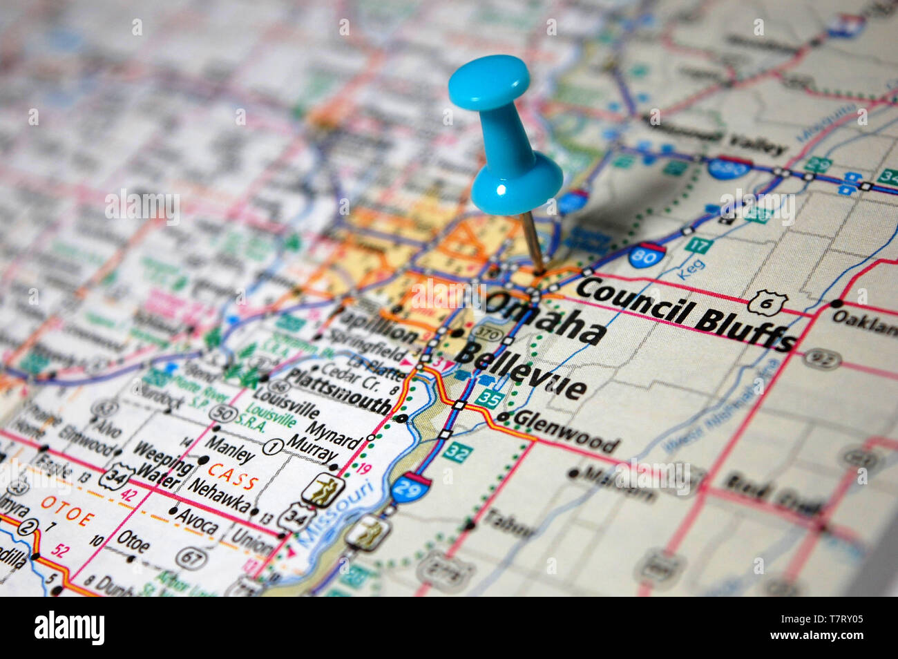 A map of Council Bluffs, Nebraska marked with a push pin Stock Photo ...