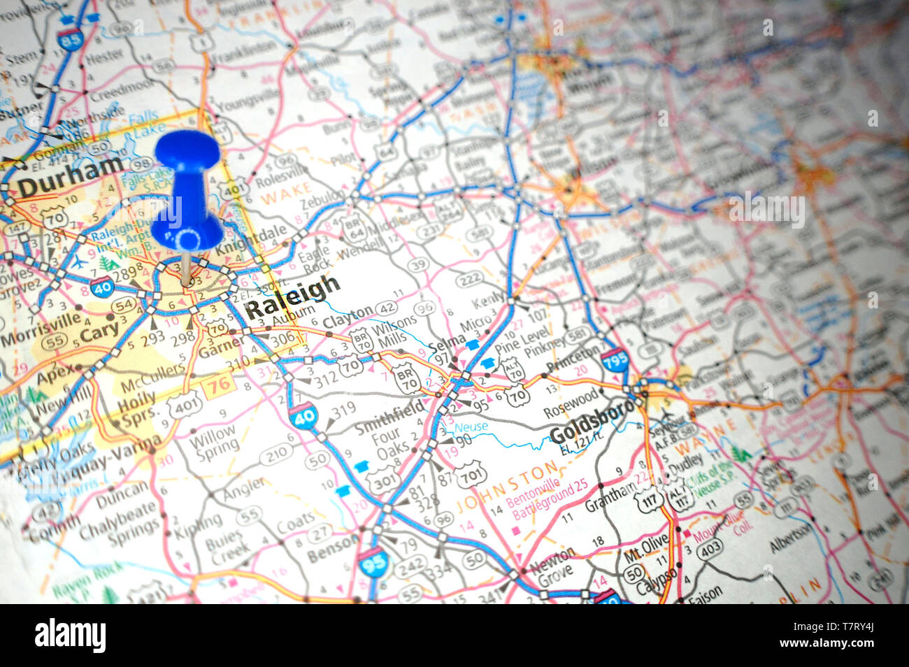 A map of Raleigh, North Carolina marked with a push pin Stock Photo - Alamy