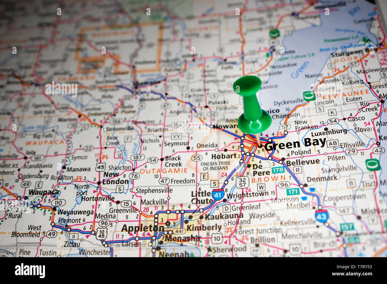 A map of Green Bay, Wisconsin marked with a push pin Stock Photo - Alamy
