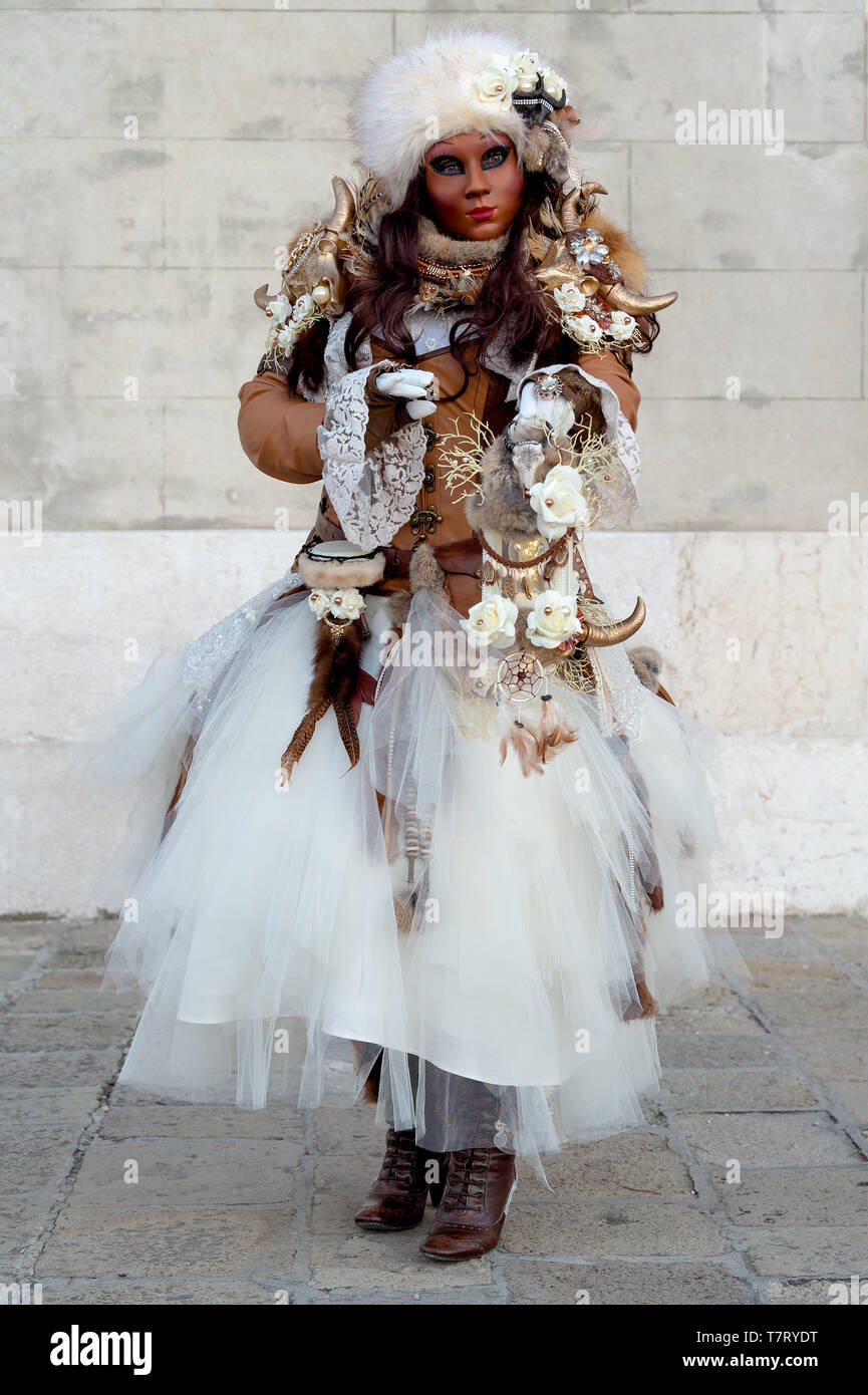 Reveller In Traditional Elaborate Mask And Costume At Venice Carnival ...
