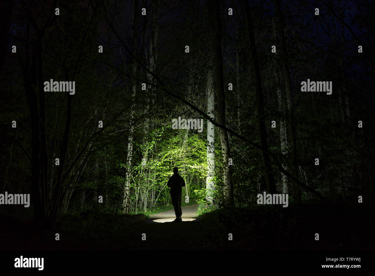 Man standing outdoor at dark night shining with flashlight. Mystical ...