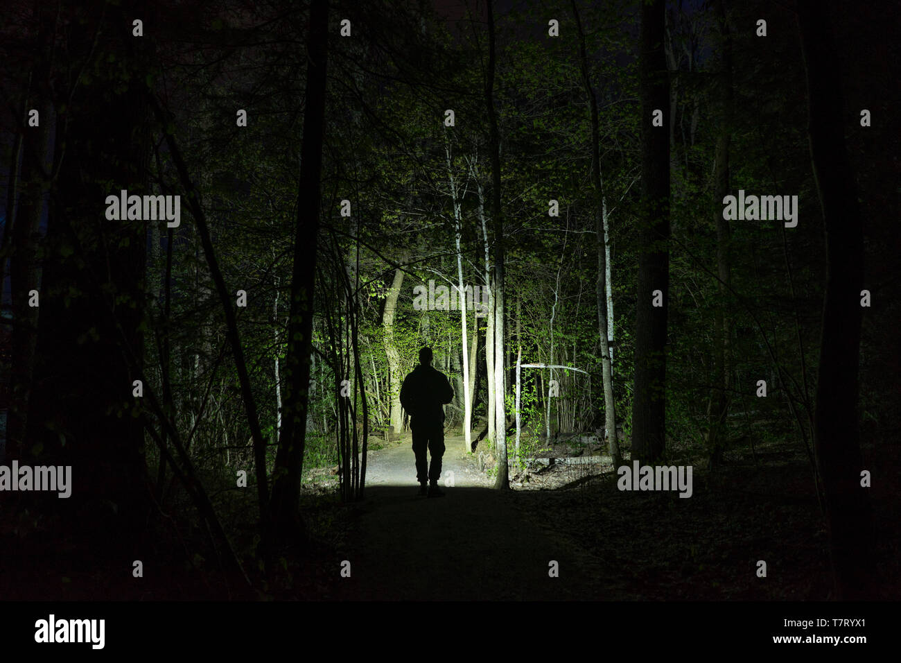 Man standing outdoor at dark night shining with flashlight. Mystical ...