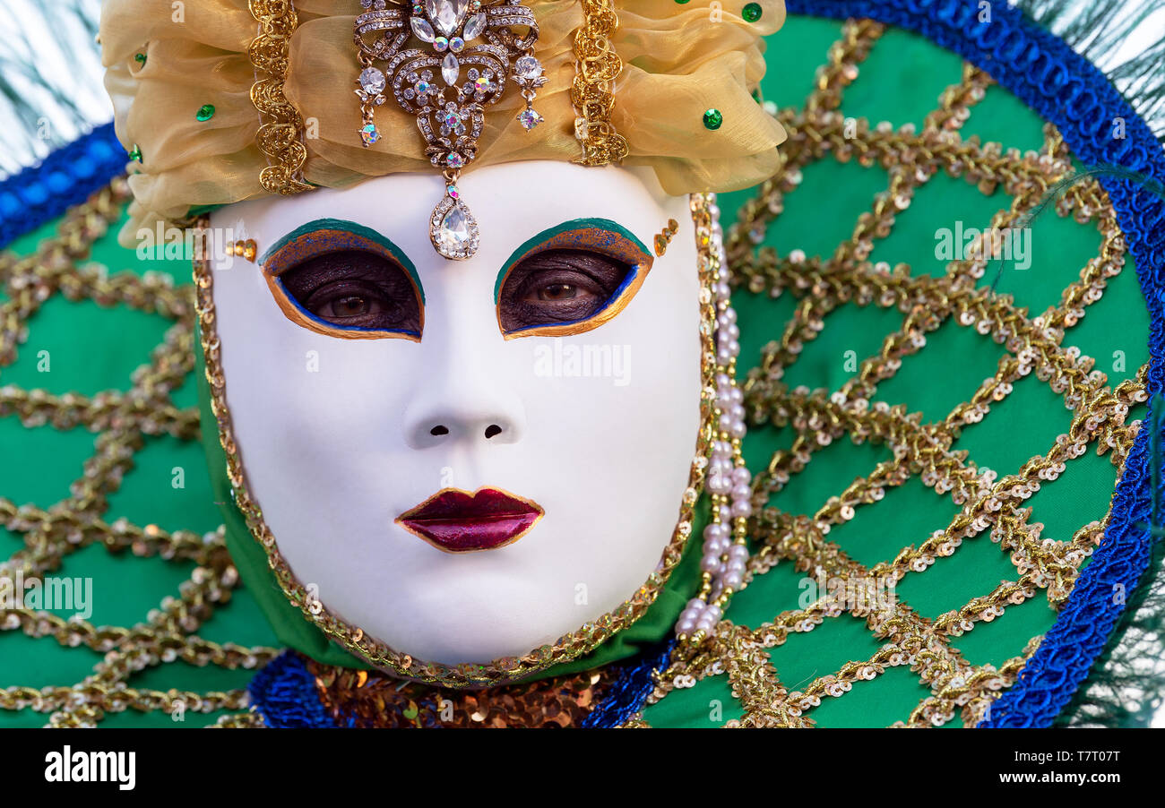 Reveller In Traditional Elaborate Mask And Costume At Venice Carnival ...