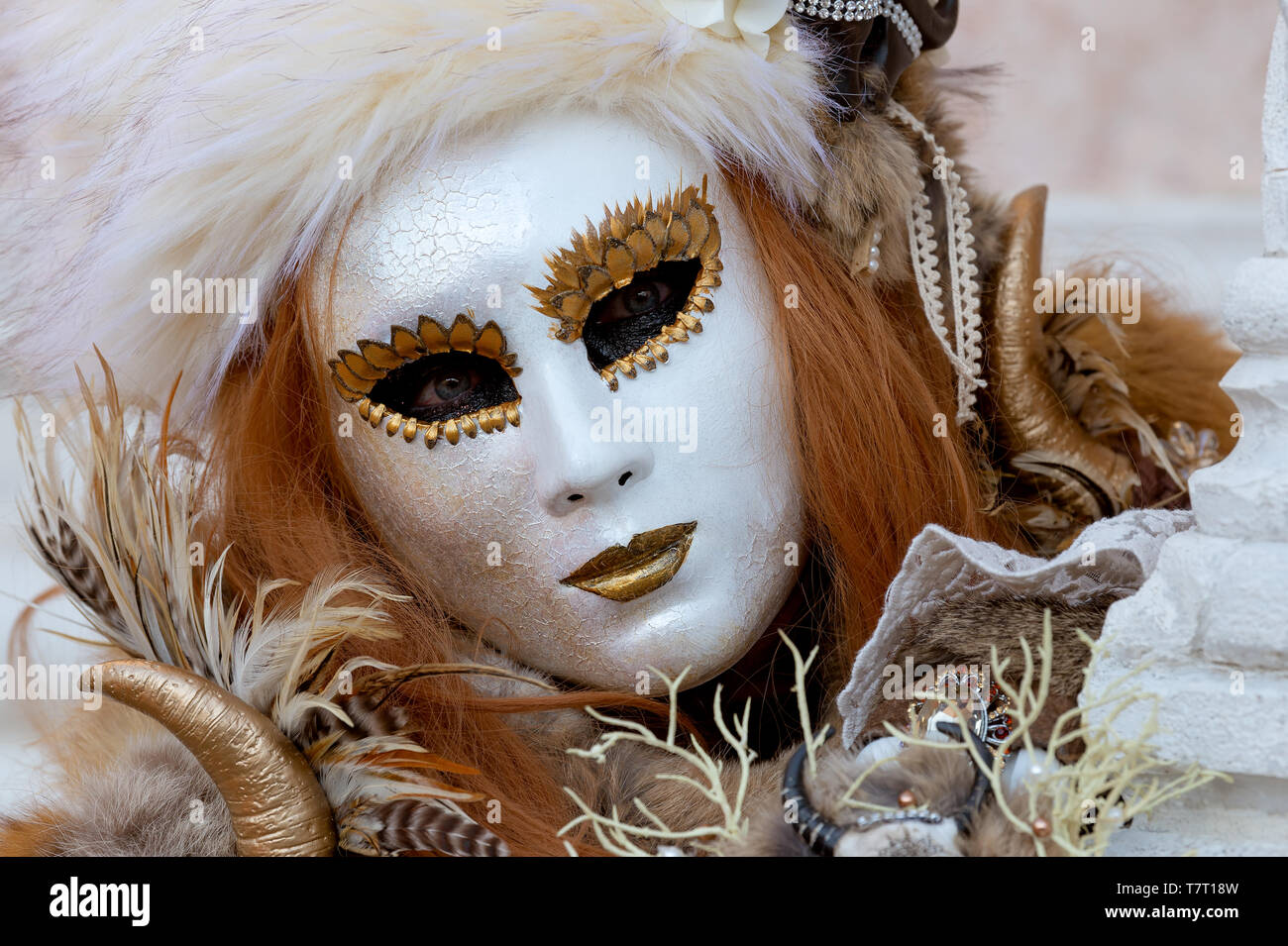 Reveller In Traditional Elaborate Mask And Costume At Venice Carnival (Carnevale di Venezia ...