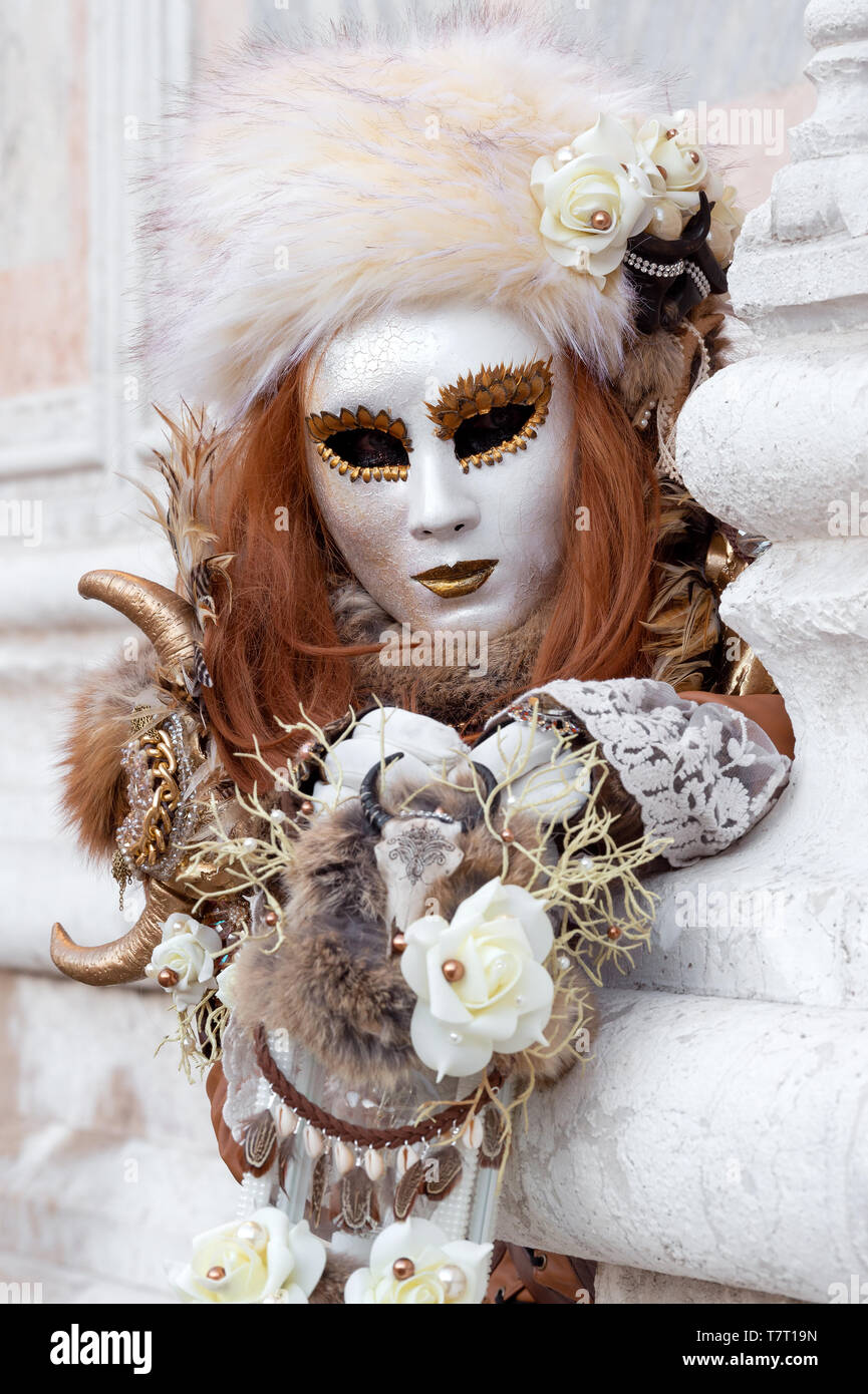 Reveller In Traditional Elaborate Mask And Costume At Venice Carnival (Carnevale di Venezia ...
