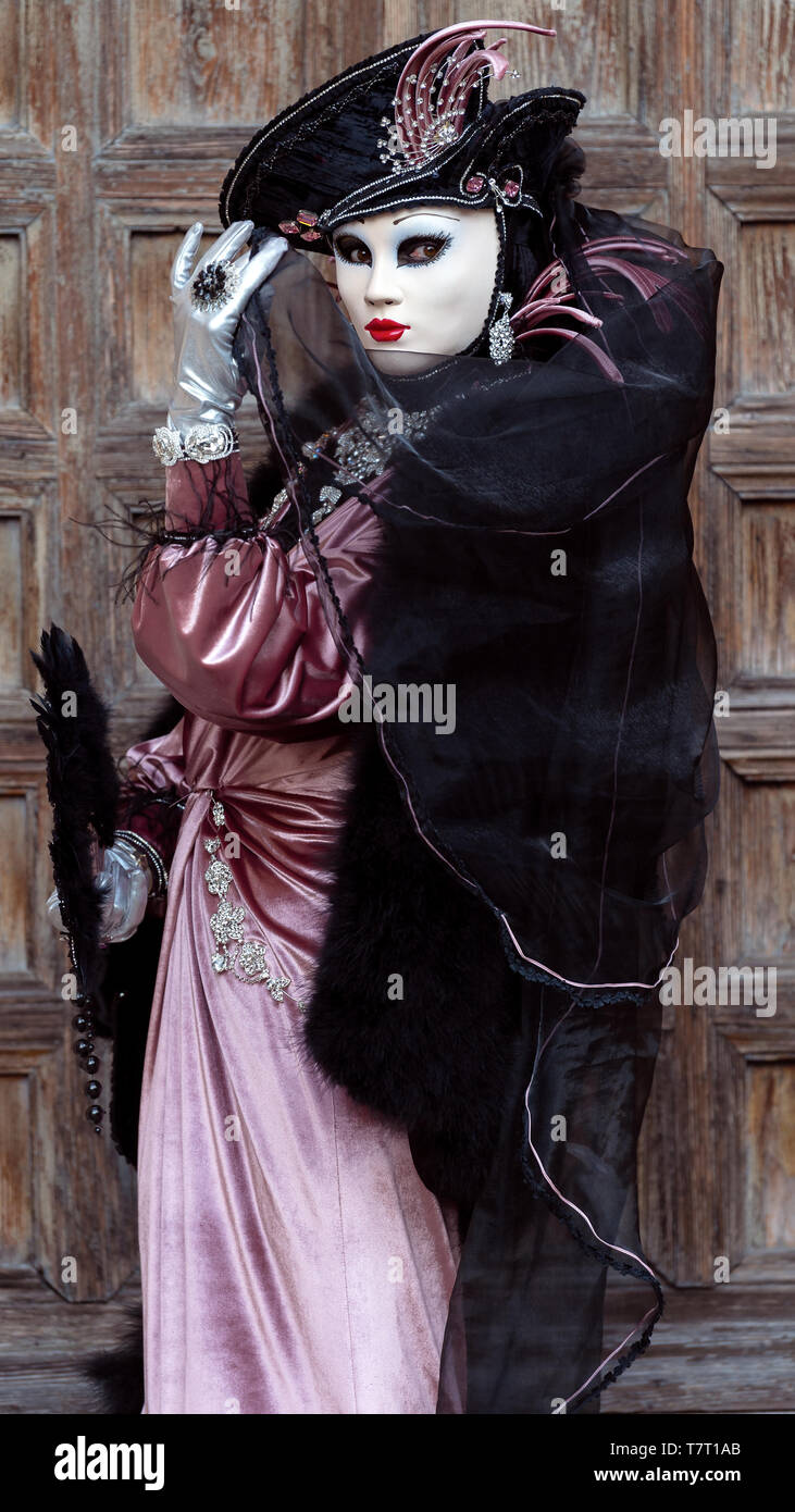 Reveller In Traditional Elaborate Mask And Costume At Venice Carnival ...