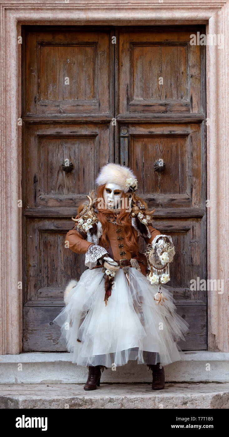 Reveller In Traditional Elaborate Mask And Costume At Venice Carnival ...
