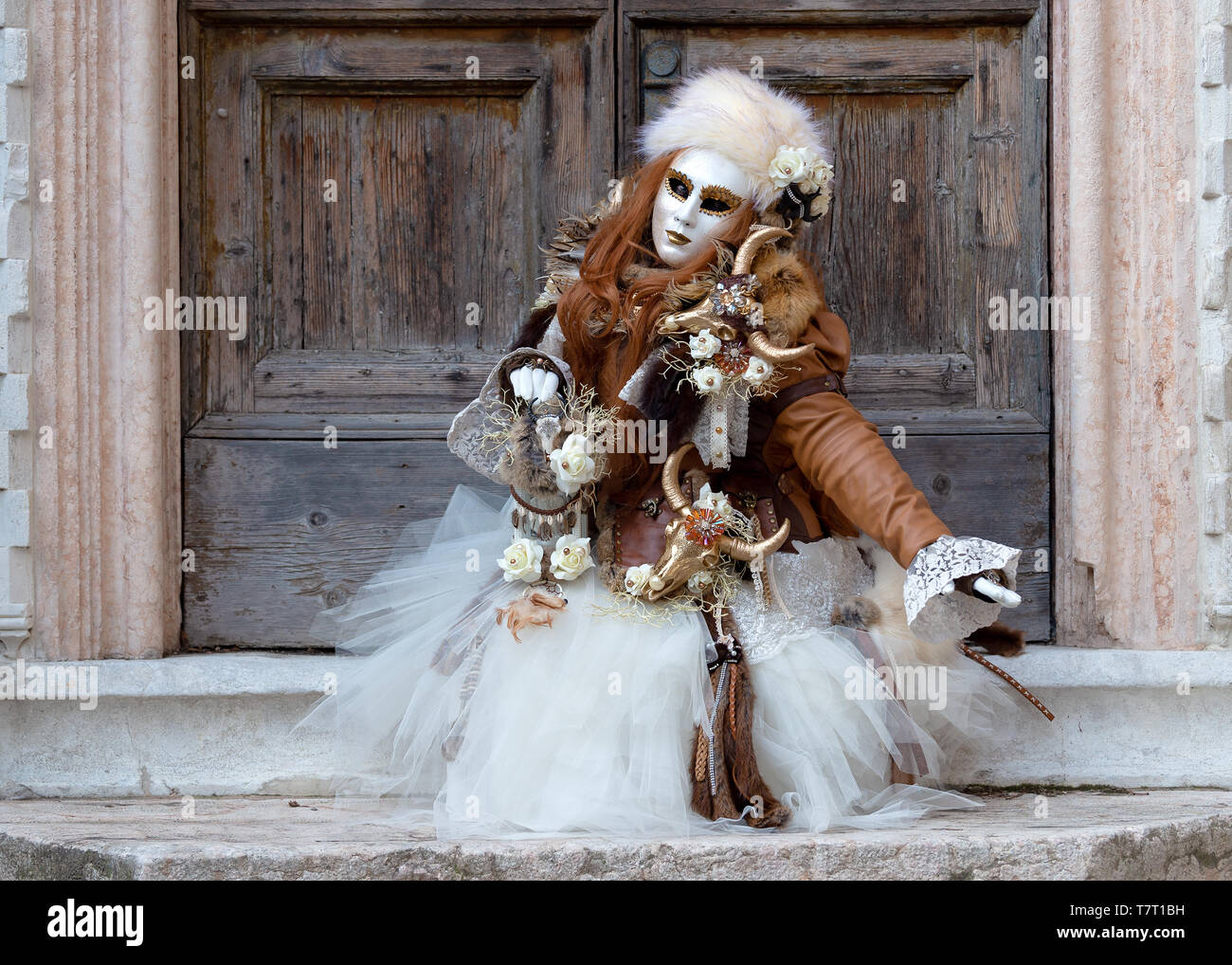 Reveller In Traditional Elaborate Mask And Costume At Venice Carnival ...