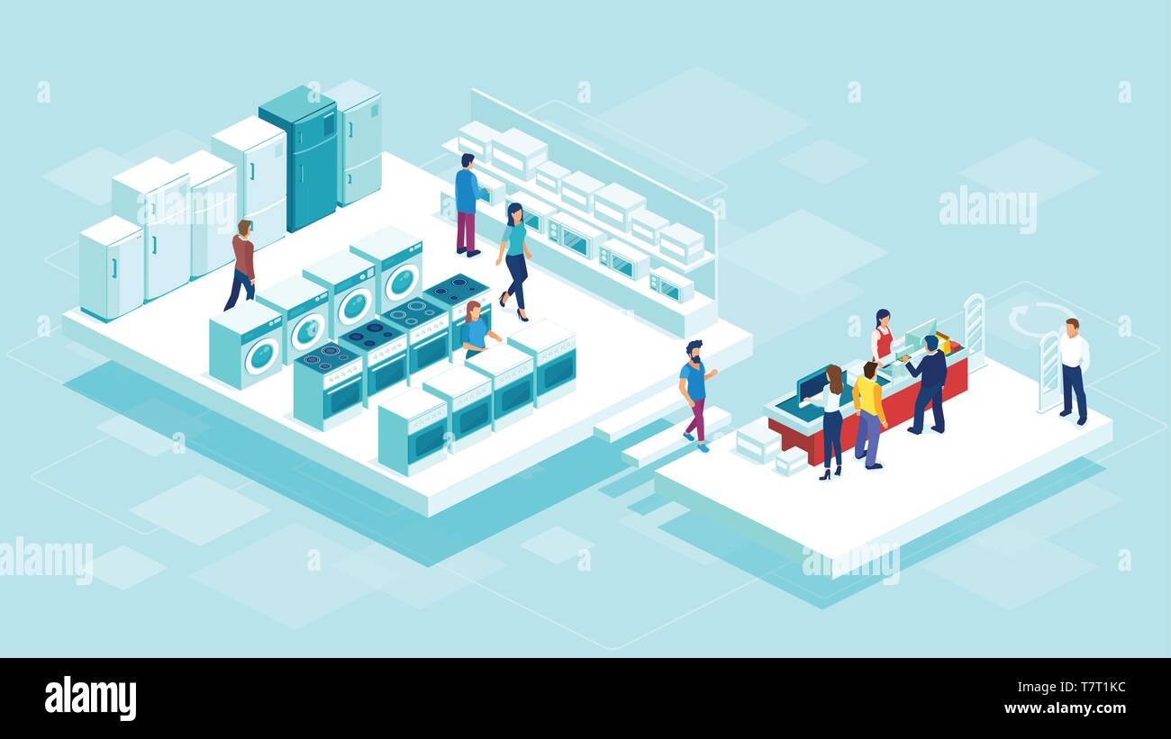 Isometric vector of people shopping at the electronics store Stock ...