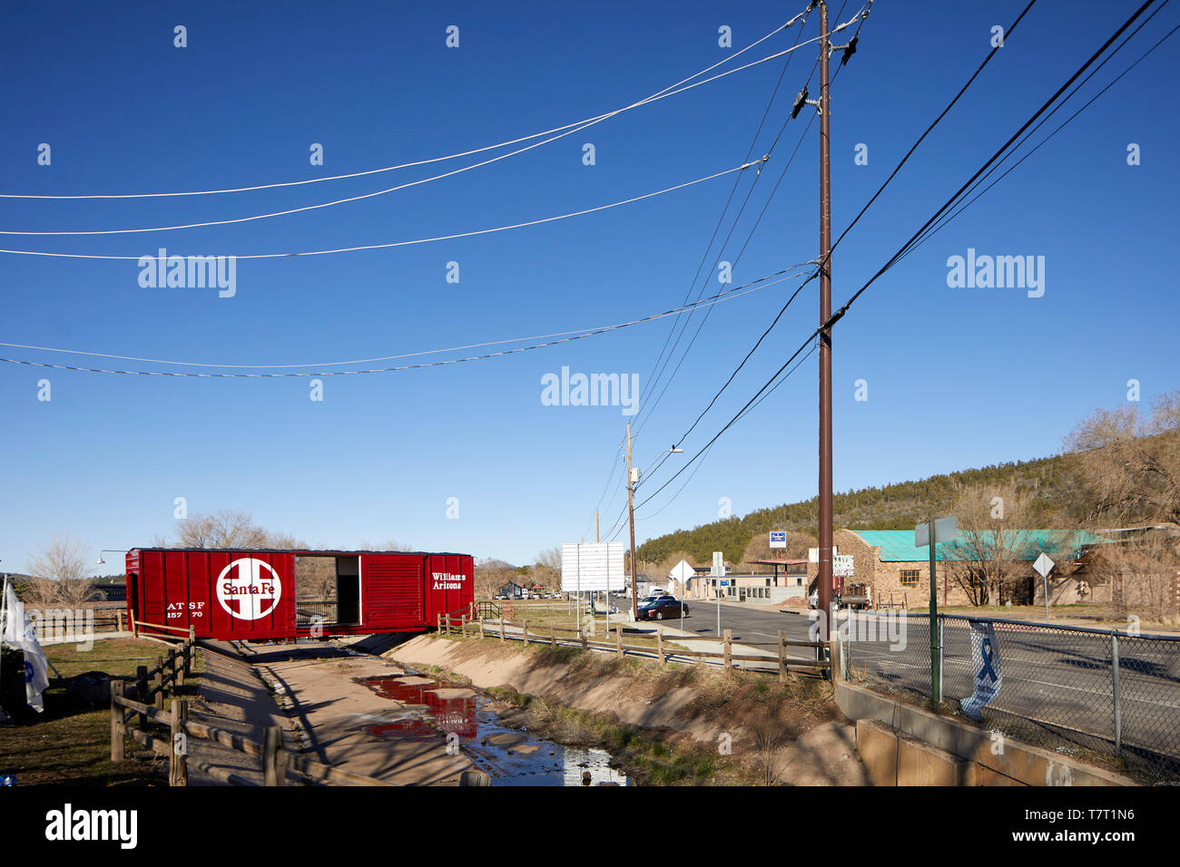 Historic Route 66 city Williams, Santa Fe red railroad boxcar converted ...