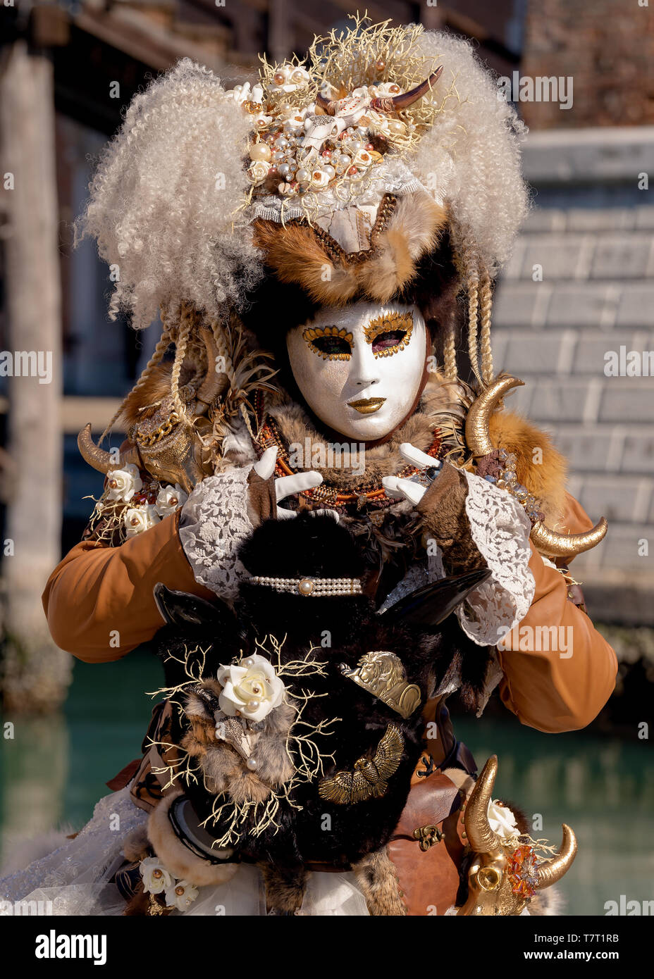 Reveller In Traditional Elaborate Mask And Costume At Venice Carnival ...