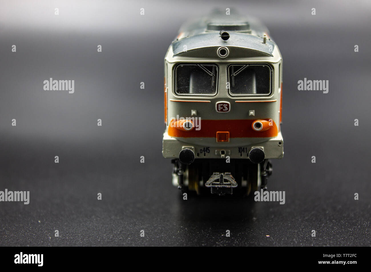 Naples, Italy 22 April 2019. A model of a train freight locomotive ...