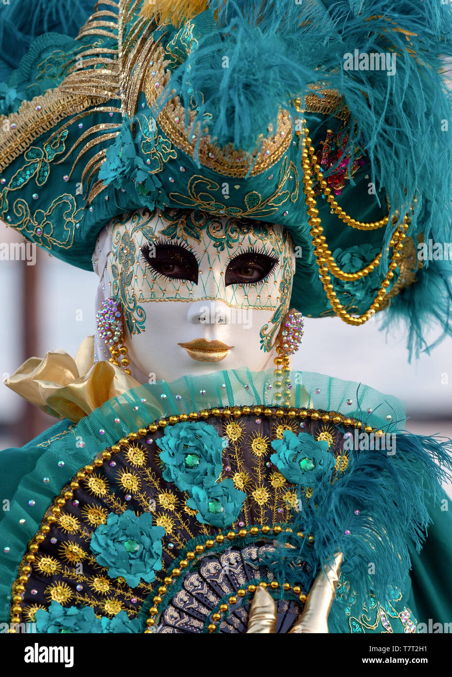 Reveller In Traditional Elaborate Mask And Costume At Venice Carnival ...