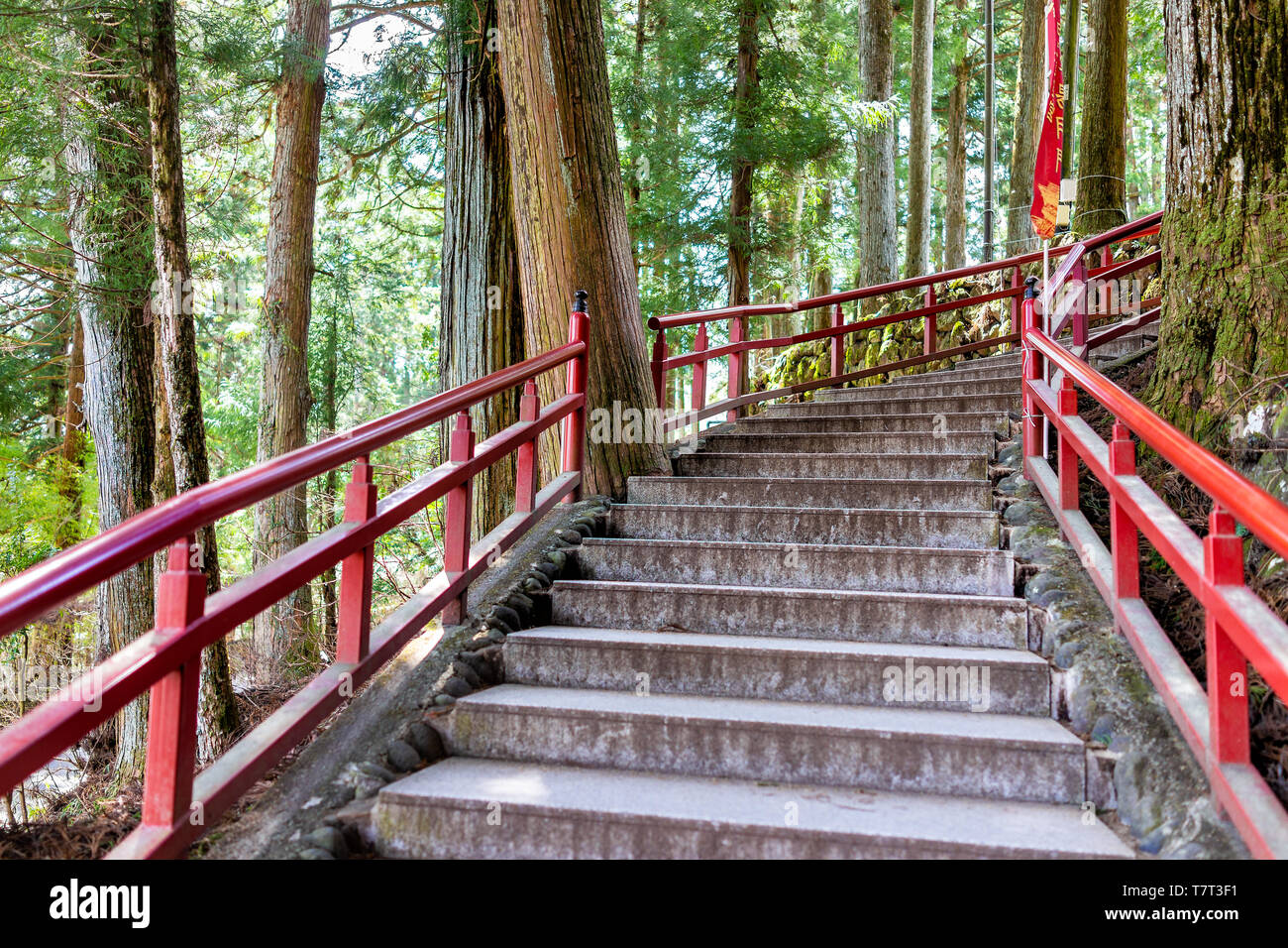 View of red stone steps stairs in Nikko, Tochigi prefecture in Japan in ...