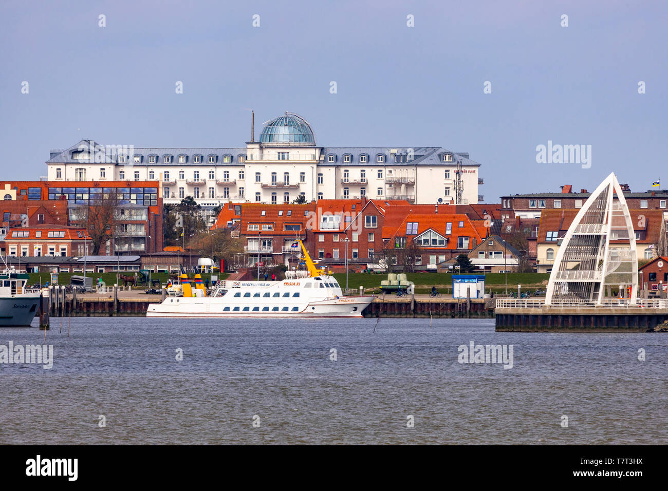Nordseeinsel Juist, harbor, skyline, Kurhaus Hotel, East Frisia, Lower ...