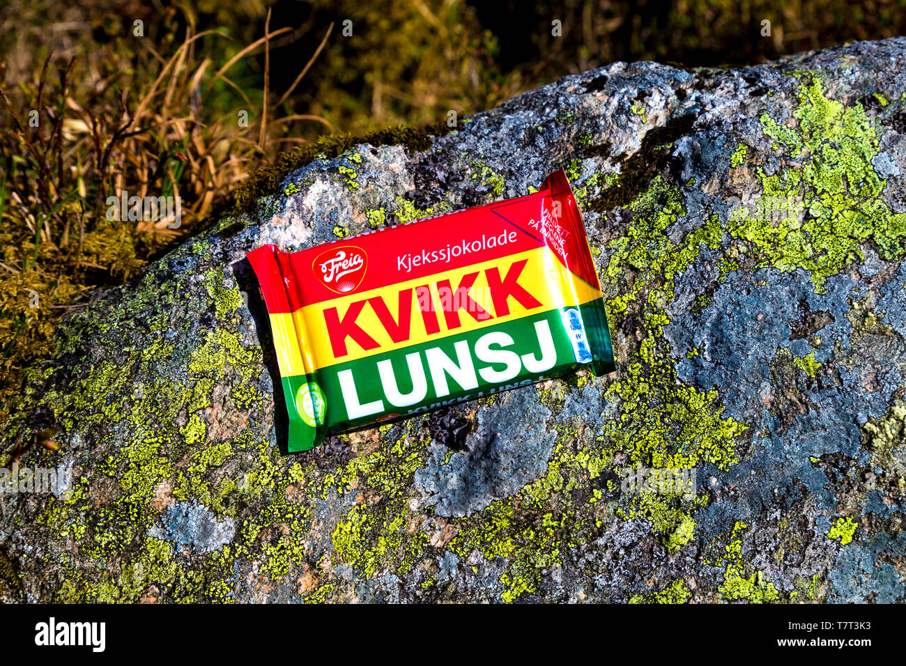 Norwegian hiking snack chocolate bar outdoors on a rock, popular hiking ...