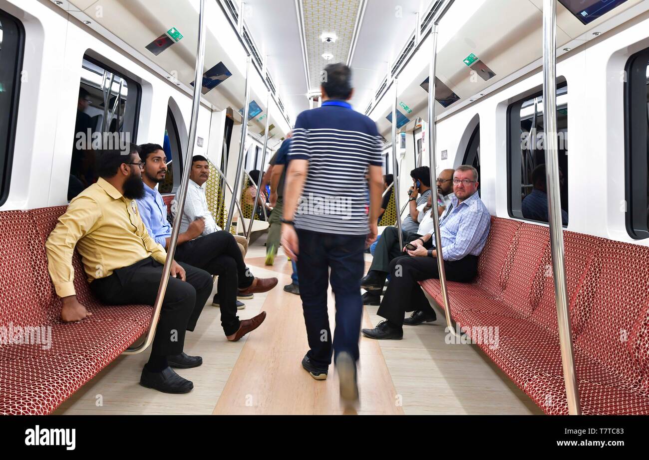 Doha, Qatar. 8th May, 2019. Passengers are seen on the train of the ...