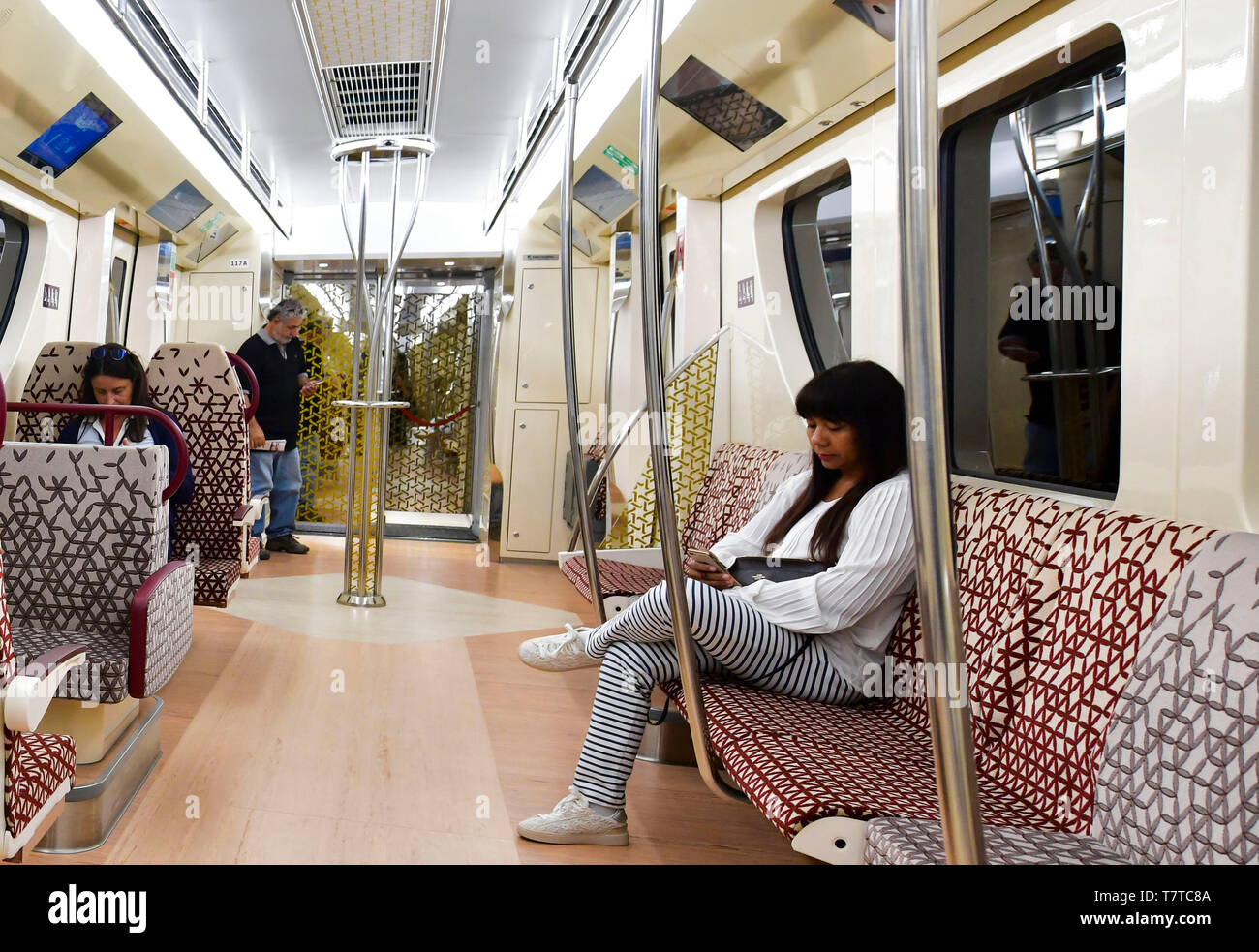 Doha, Qatar. 8th May, 2019. Passengers are seen on the train of the ...