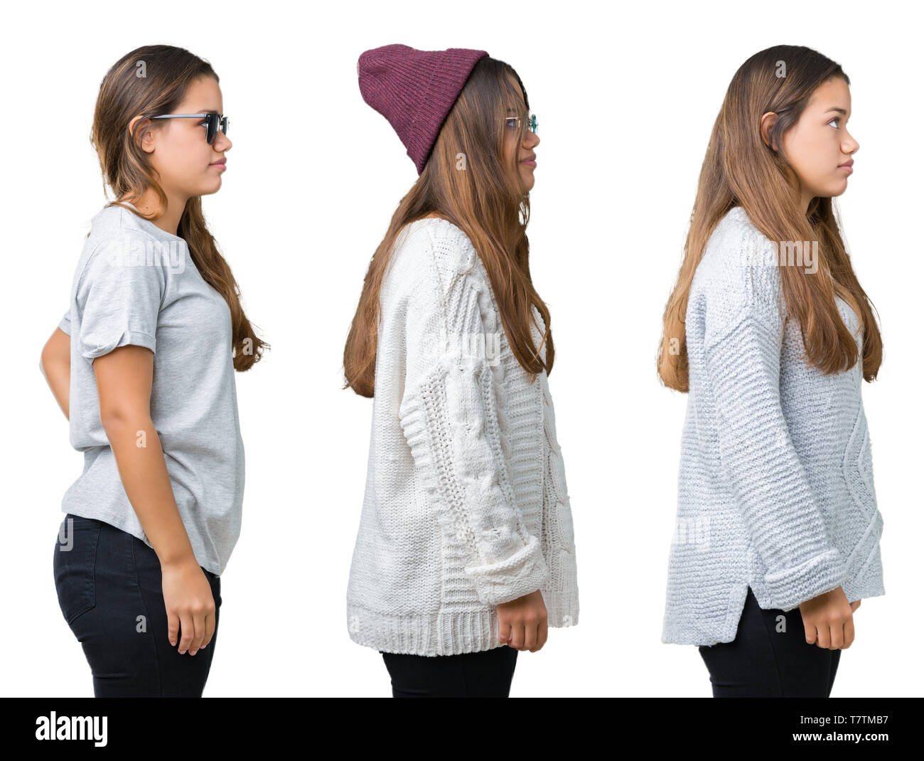 Collage of beautiful young woman over isolated background looking to ...