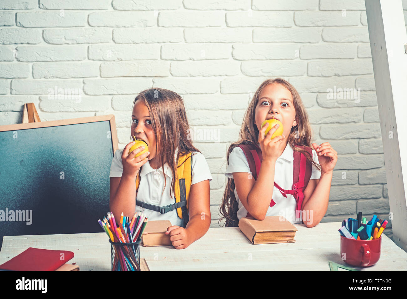 School time of girls. Friendship of small sisters in classroom at ...