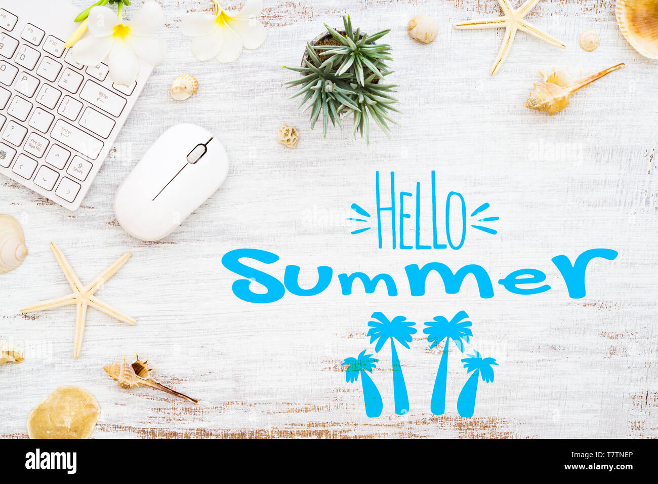 Hello summer travel vacation planning concept. Flat lay summer holiday ...