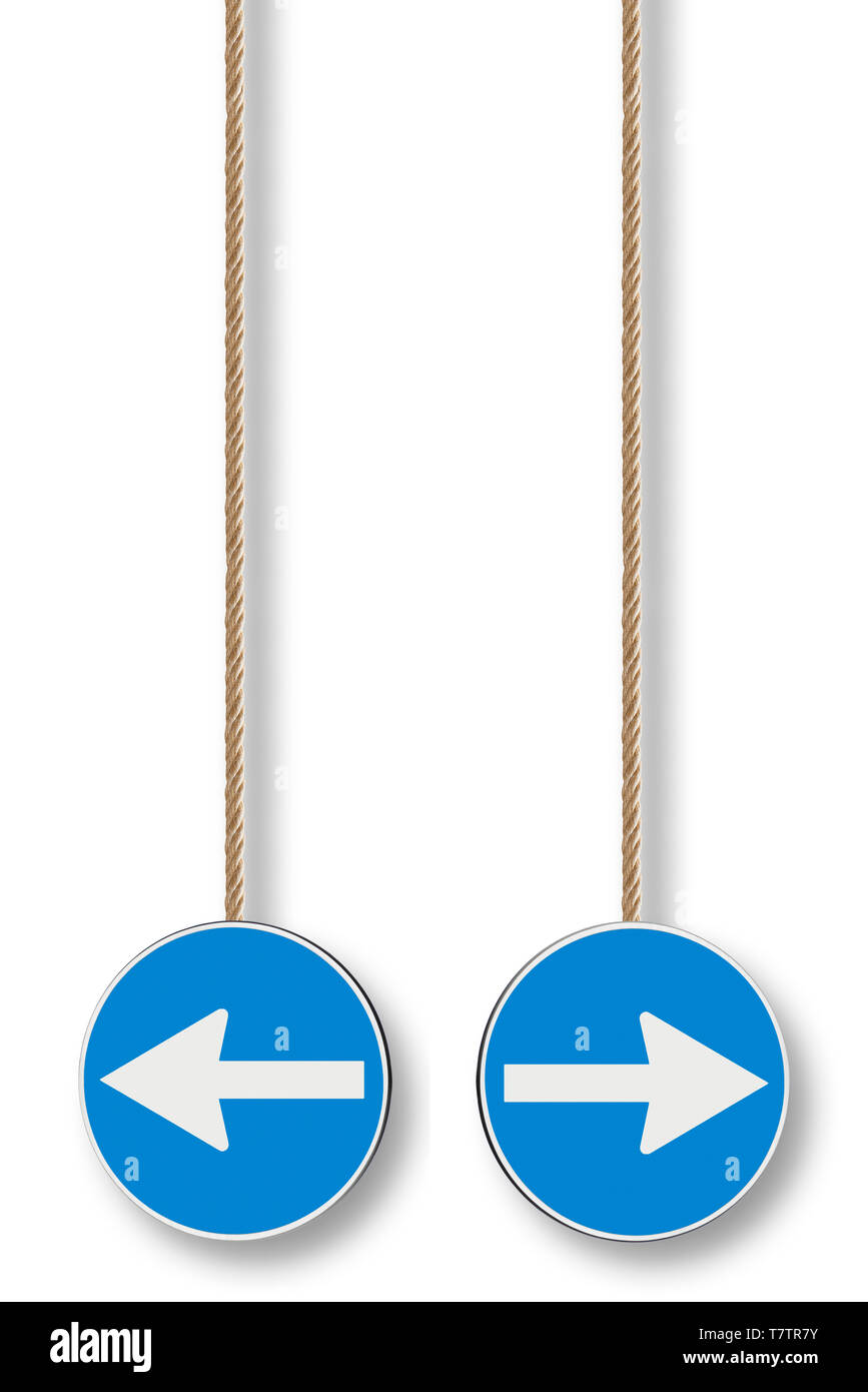 Blue arrow sign isolated on white background hanging from a rope ...