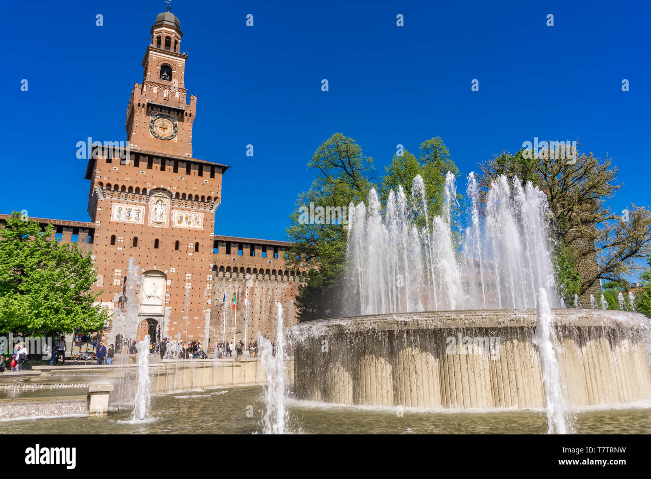 MILAN, ITALY - APRIL 15, 2019: Unidentified people in front of Sforza ...
