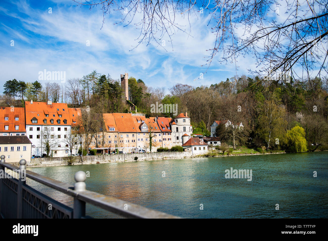 Streets and river bank in Landsberg am Lech town in Germany, Bavaria ...