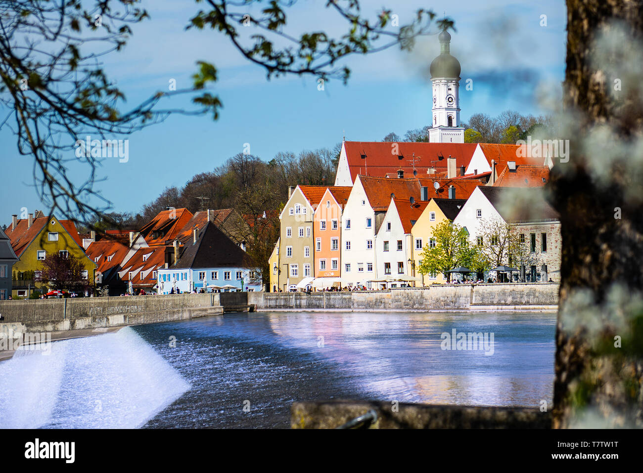 Streets and river bank in Landsberg am Lech town in Germany, Bavaria ...