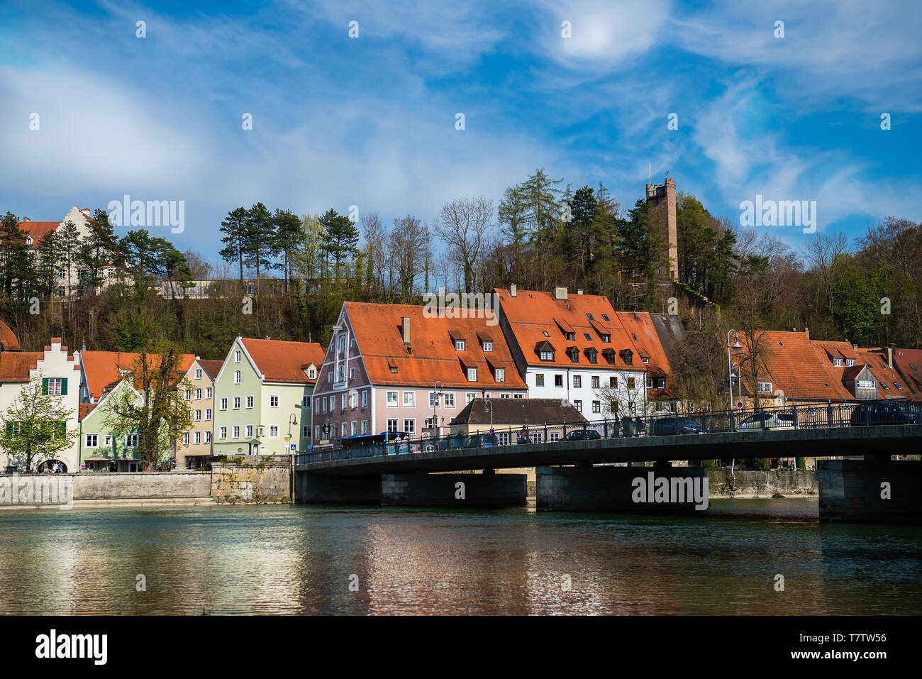 Streets and river bank in Landsberg am Lech town in Germany, Bavaria ...
