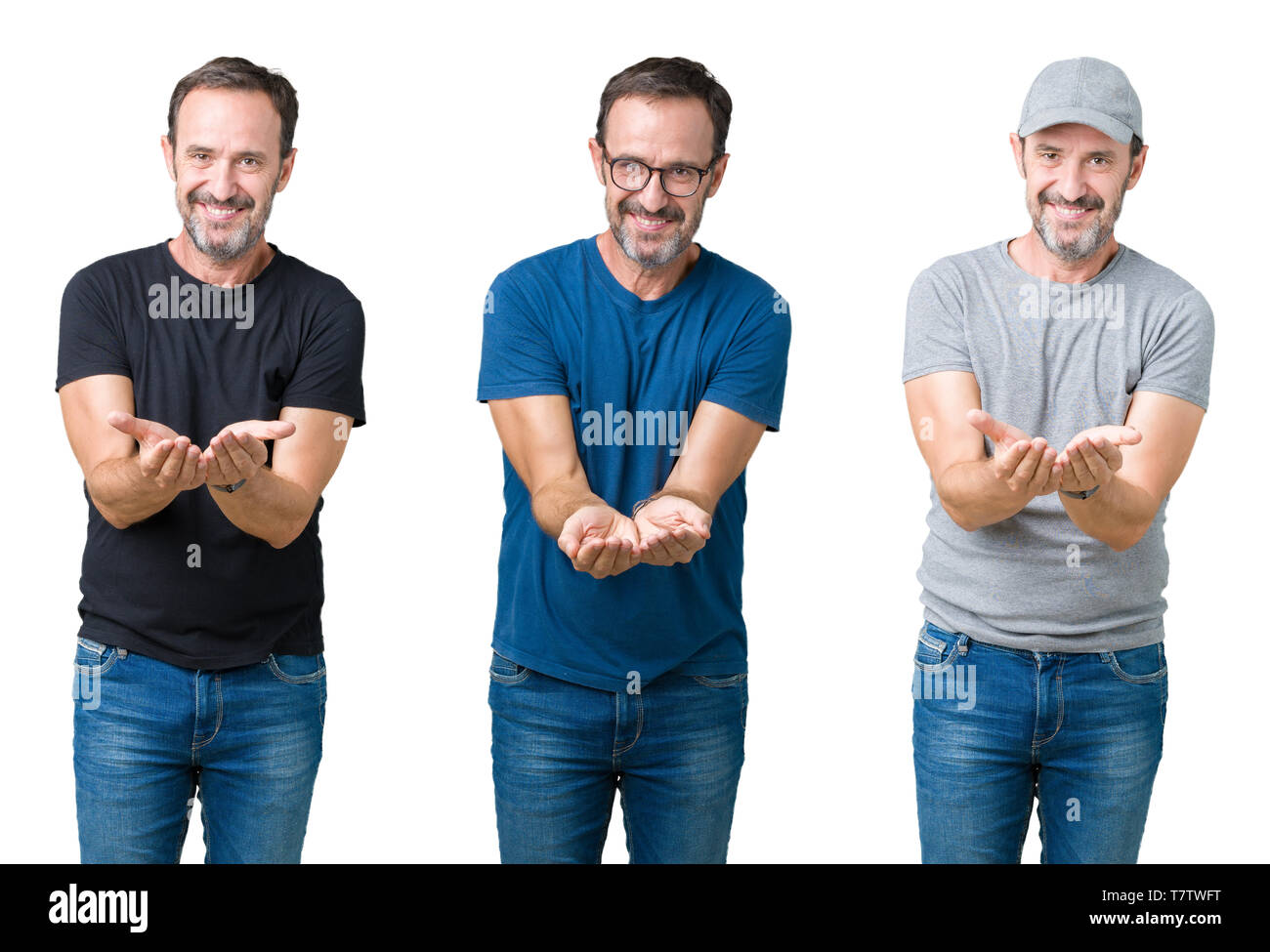 Collage of handsome senior man over white isolated background Smiling ...