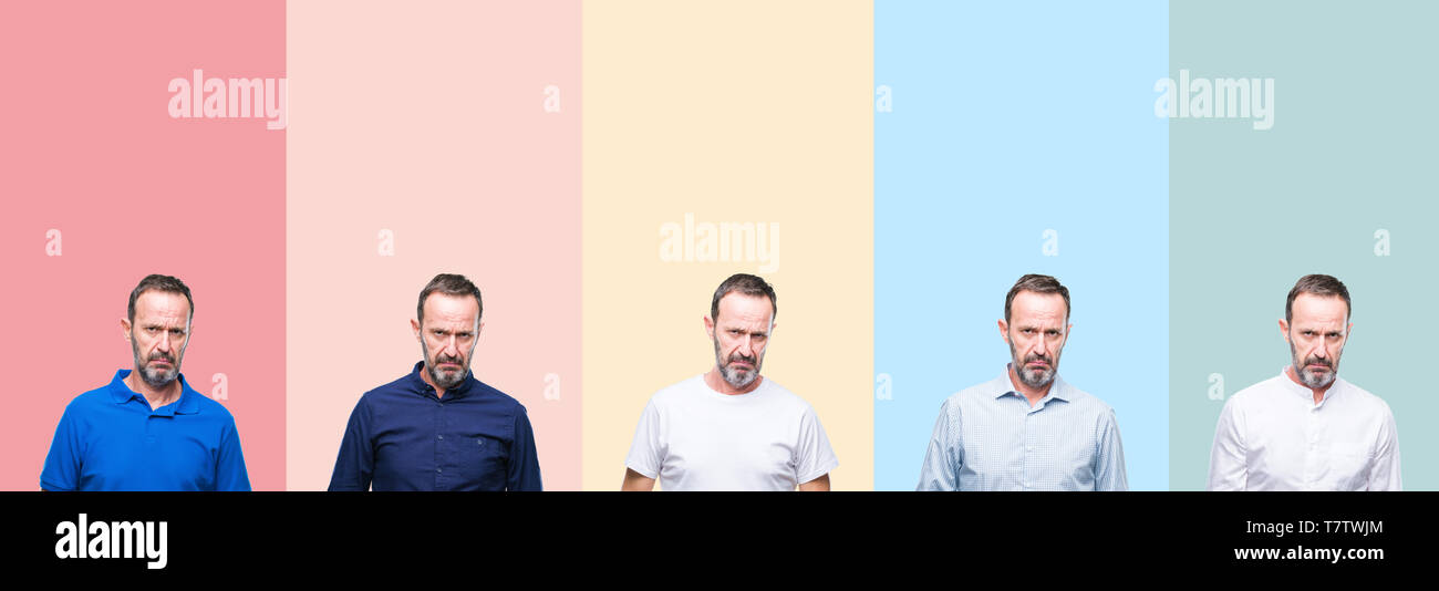 Collage of senior hoary handsome man over colorful stripes isolated ...