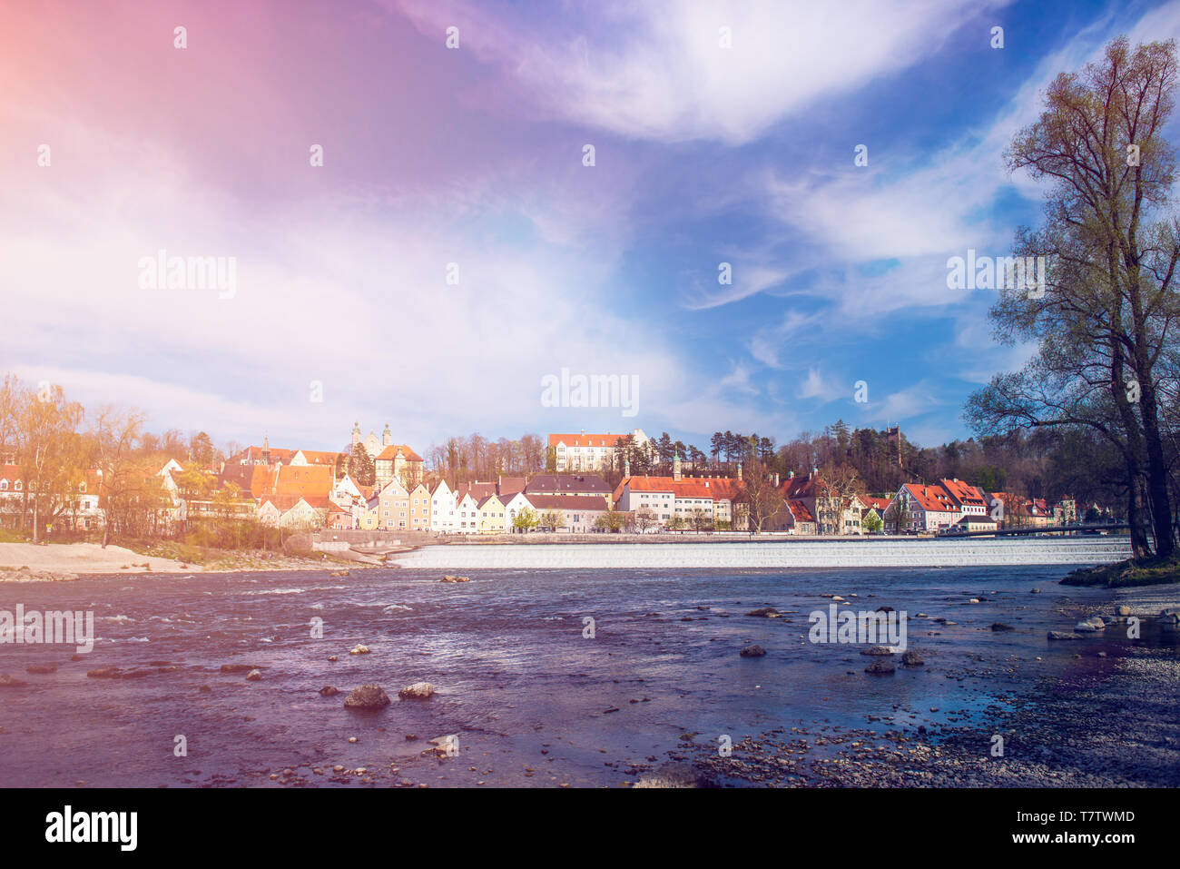 Streets and river bank in Landsberg am Lech town in Germany, Bavaria ...