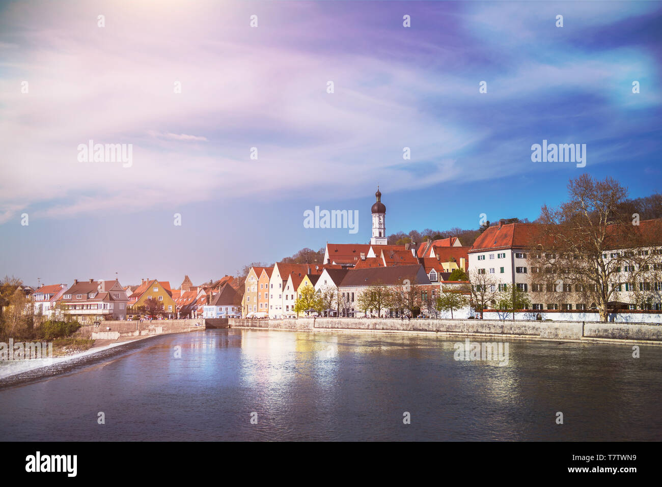 Streets and river bank in Landsberg am Lech town in Germany, Bavaria ...
