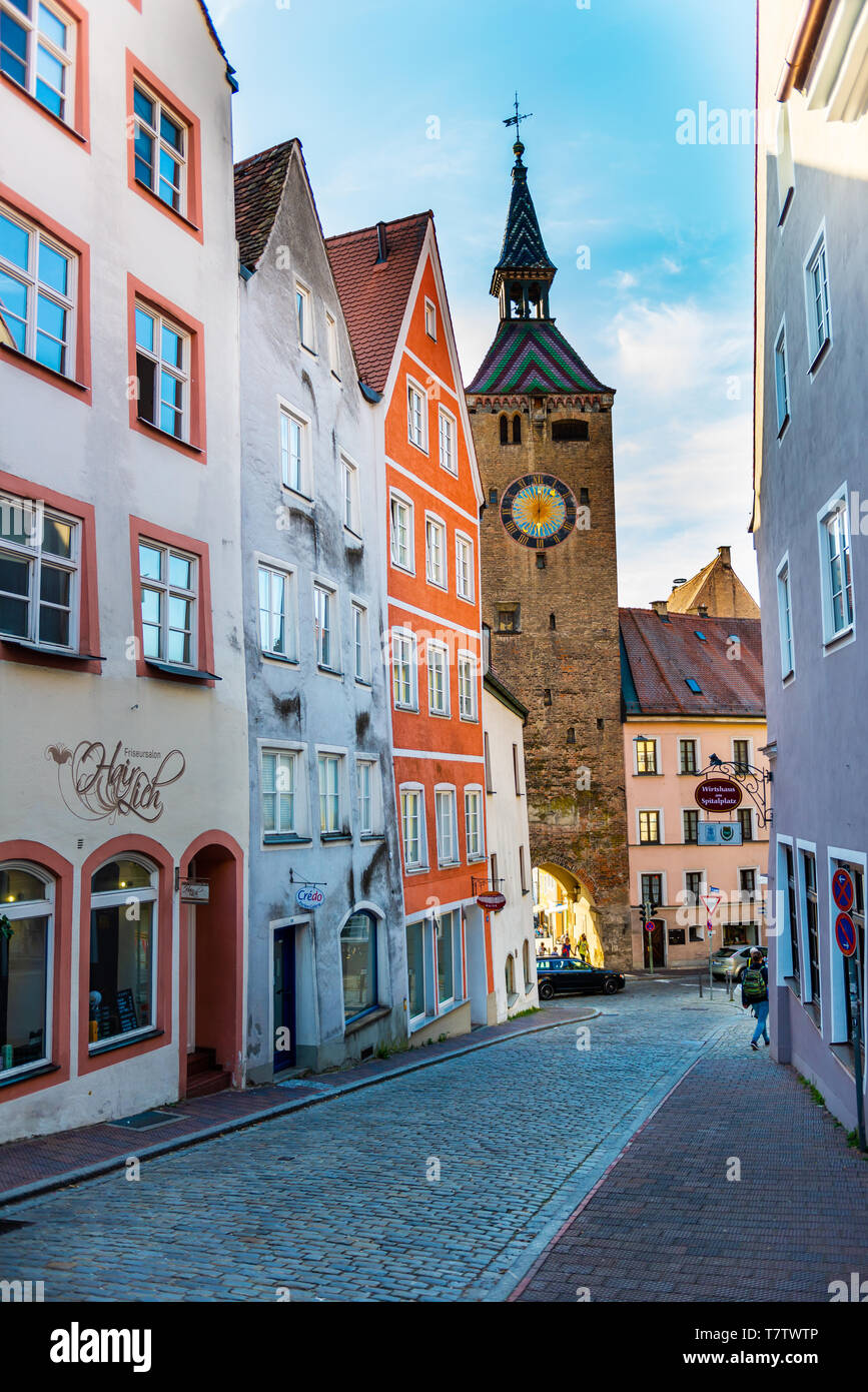 Streets and river bank in Landsberg am Lech town in Germany, Bavaria ...