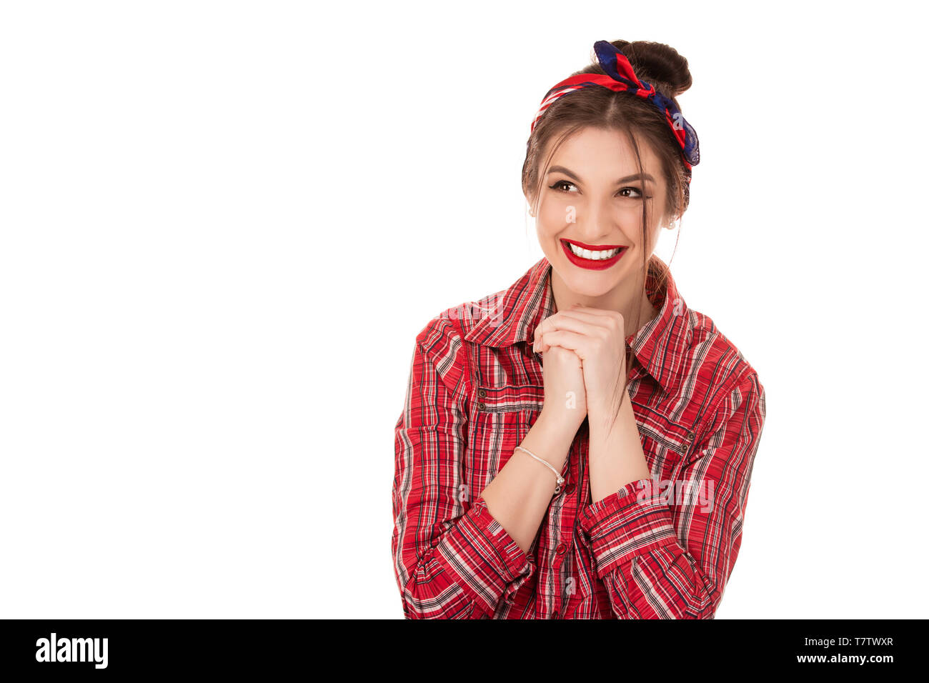 Surprised woman with hands up amazed or shocked by unexpected news ...