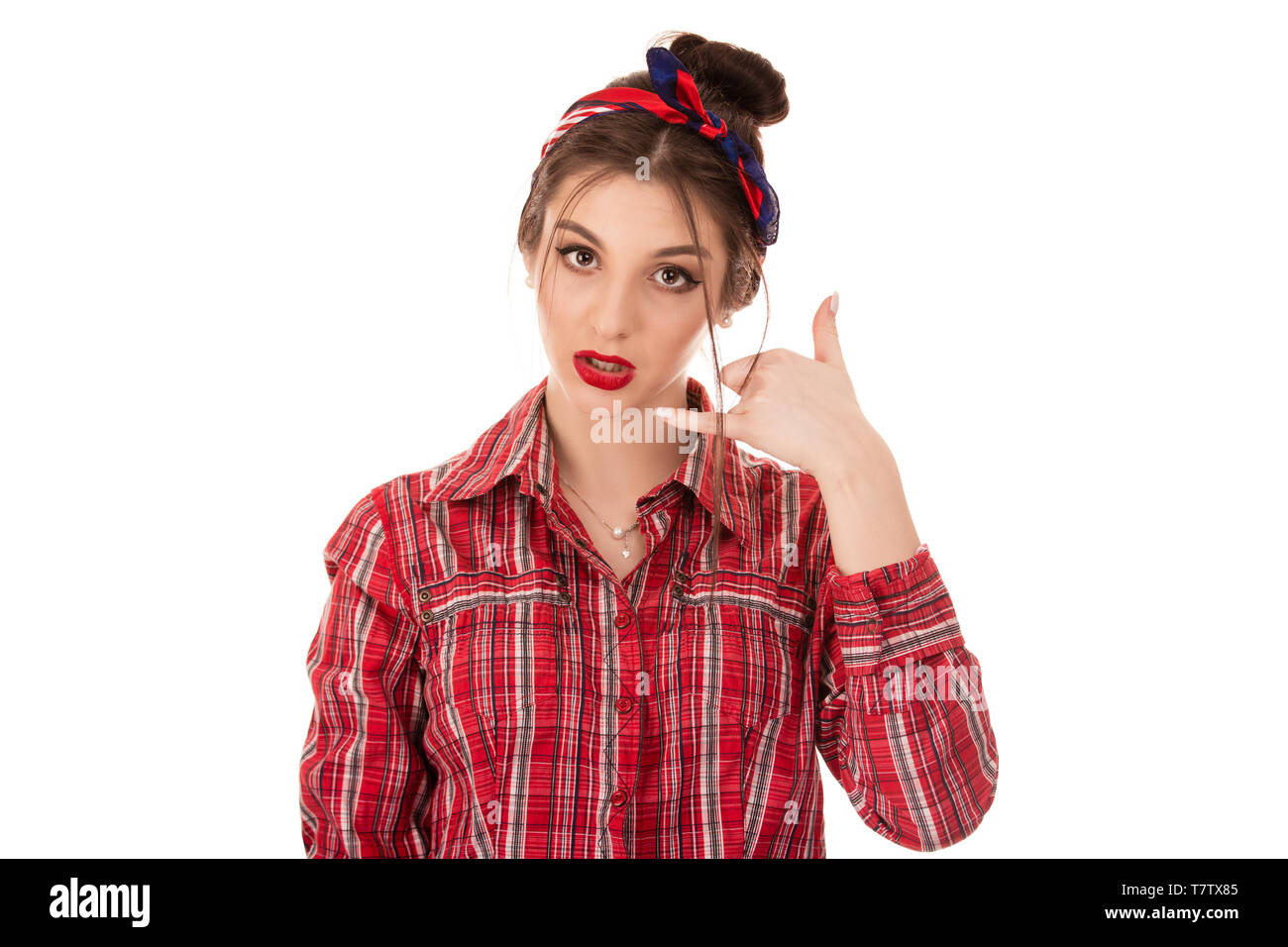 Call me please. Serious woman showing call me sign gesture with hand ...