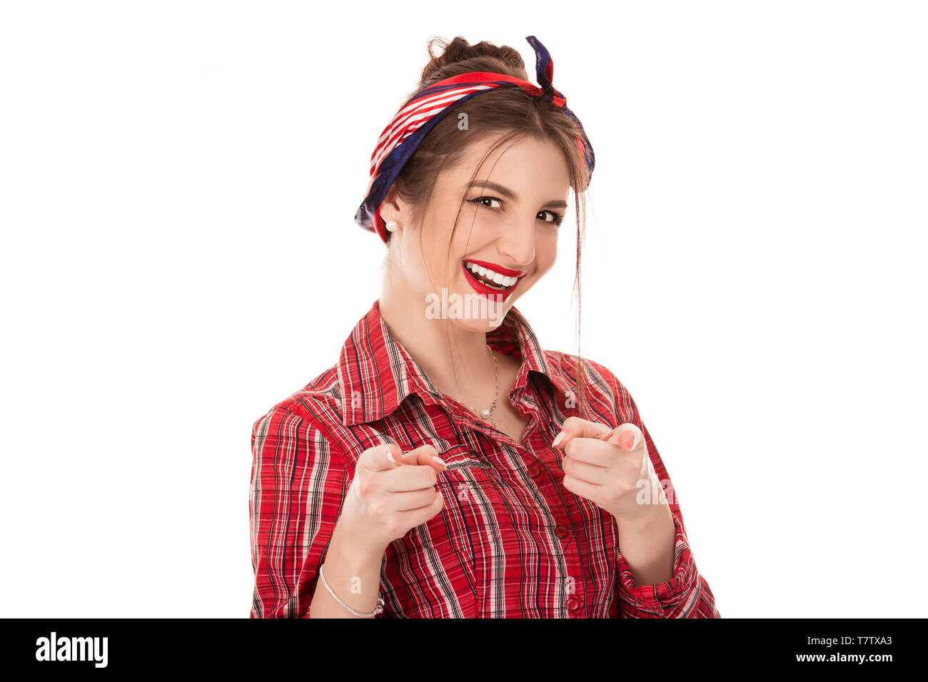 Hey you! Woman pointing at camera, point index fingers gesture isolated ...