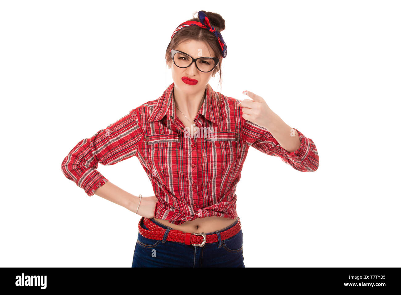 Angry upset woman raise hand pointing finger to you camera isolated on ...