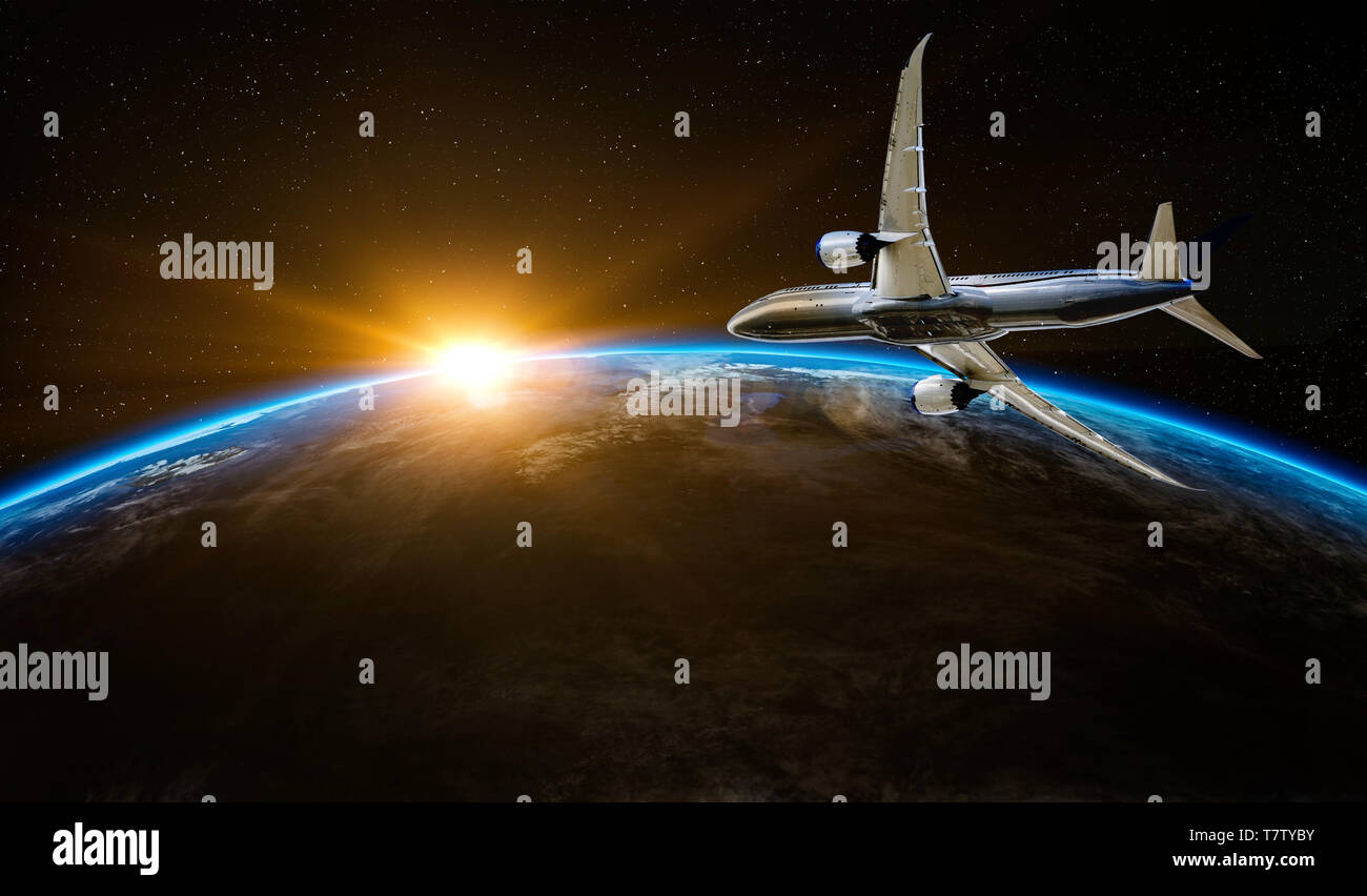 Airplane flying over the Earth planet. Flight outer space commercial ...