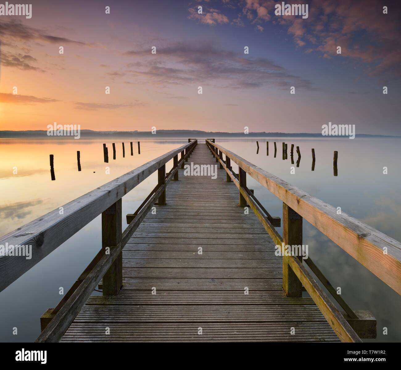 Sunrise at Lake Ratzeburg, long jetty, symmetry, Gross Sarau, Schleswig ...