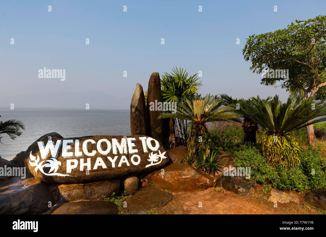 Welcome to Phayao, painted stone at Phayao Lake, Phayao, Thailand Stock ...