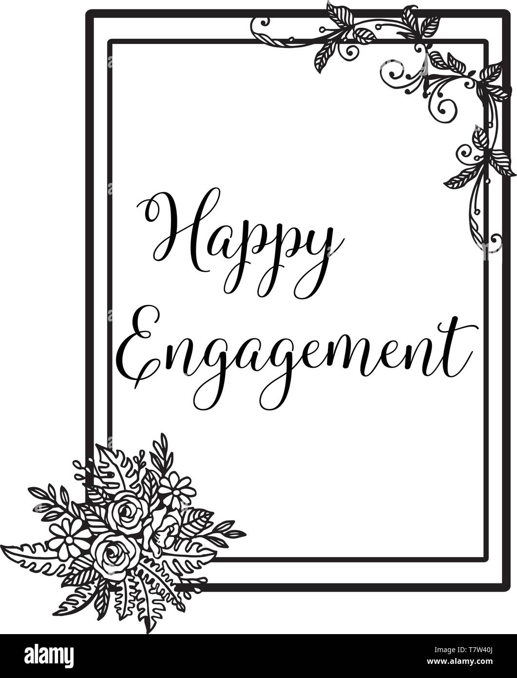 Vector illustration lettering of happy engagement with beautiful floral ...