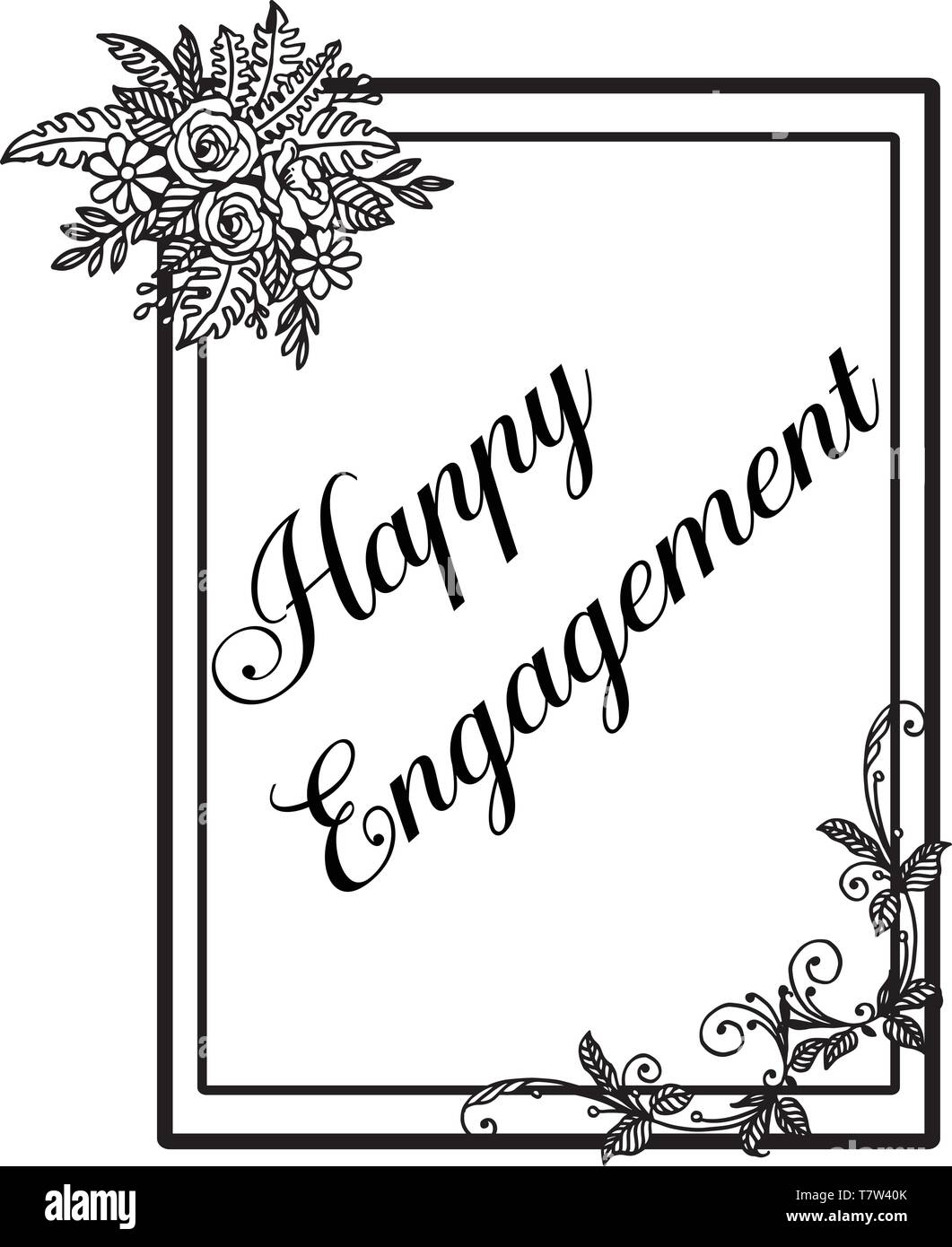 Vector illustration lettering of happy engagement with beautiful floral ...