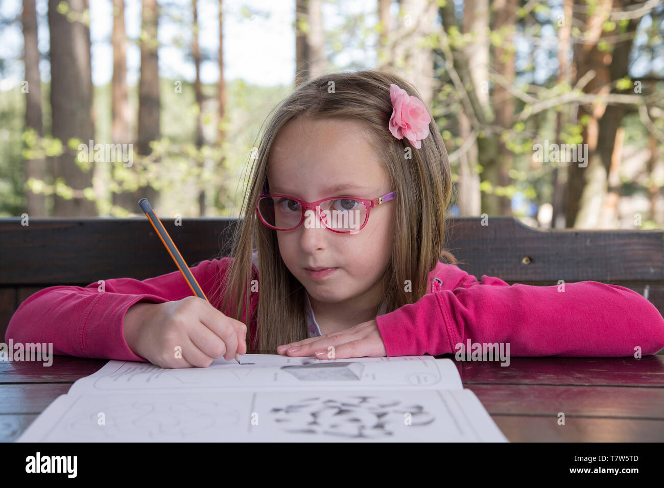Beautiful girl doing homework in the nature Stock Photo - Alamy